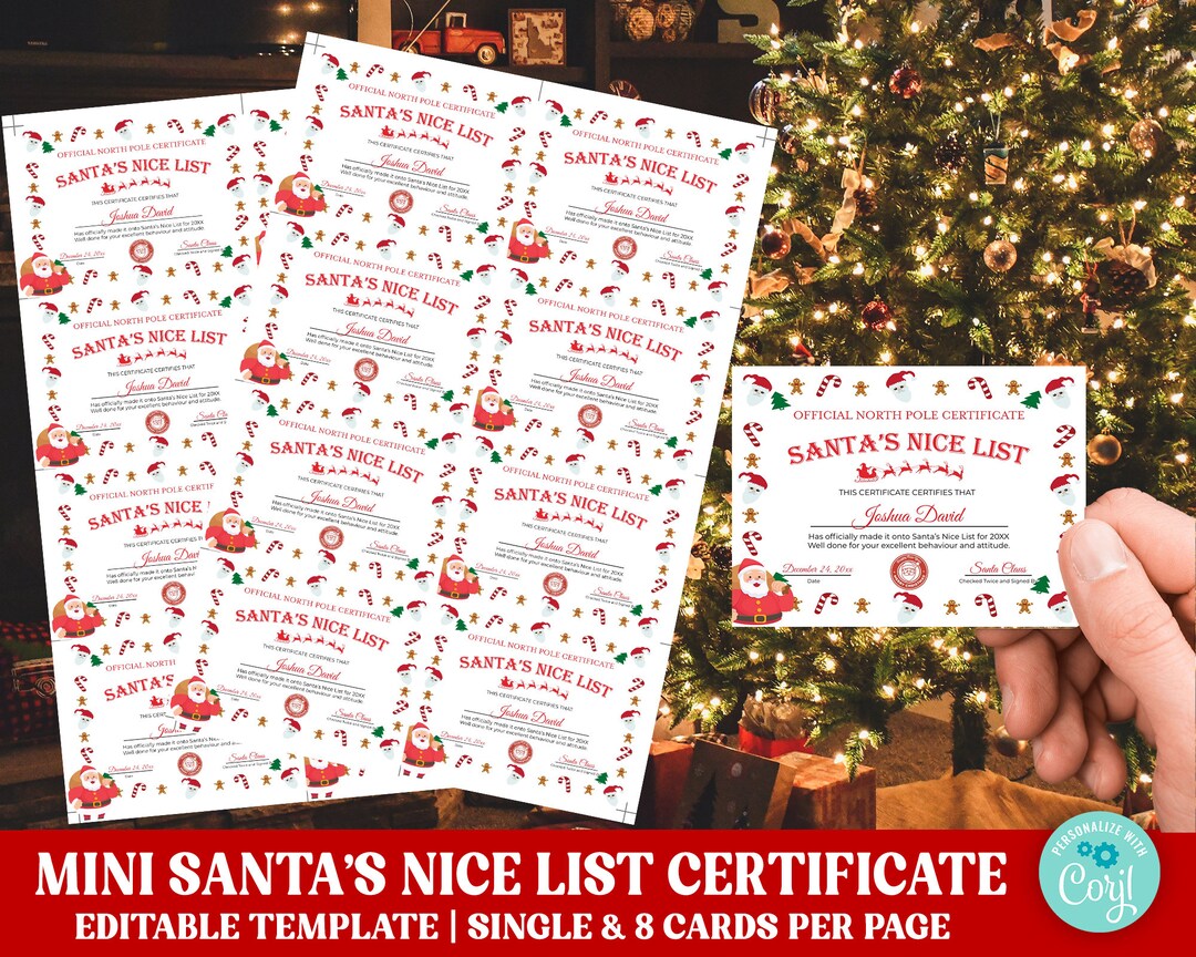 DIY Mini Nice List Certificate From Santa, Red White Christmas ...