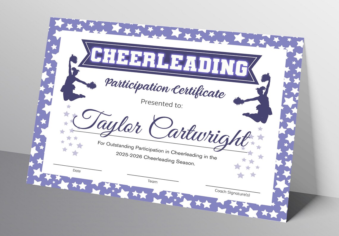 EDITABLE Cheerleading Certificate Template Purple, DIY Cheerleading ...