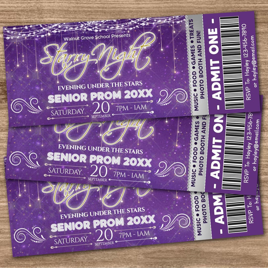 Starry Night Prom Invitation Ticket Template, School Dance Ticket, Prom ...