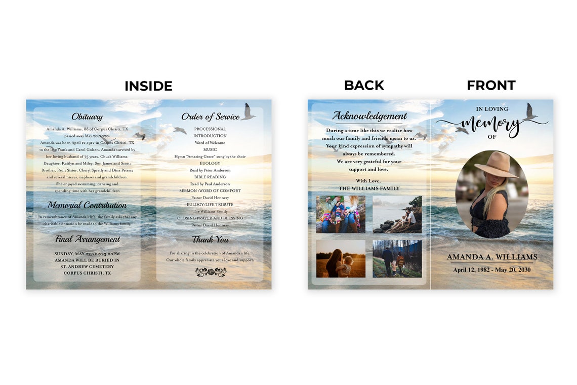 Blue Ocean Obituary Template, 4 Page Ocean Themed Funeral Brochure ...