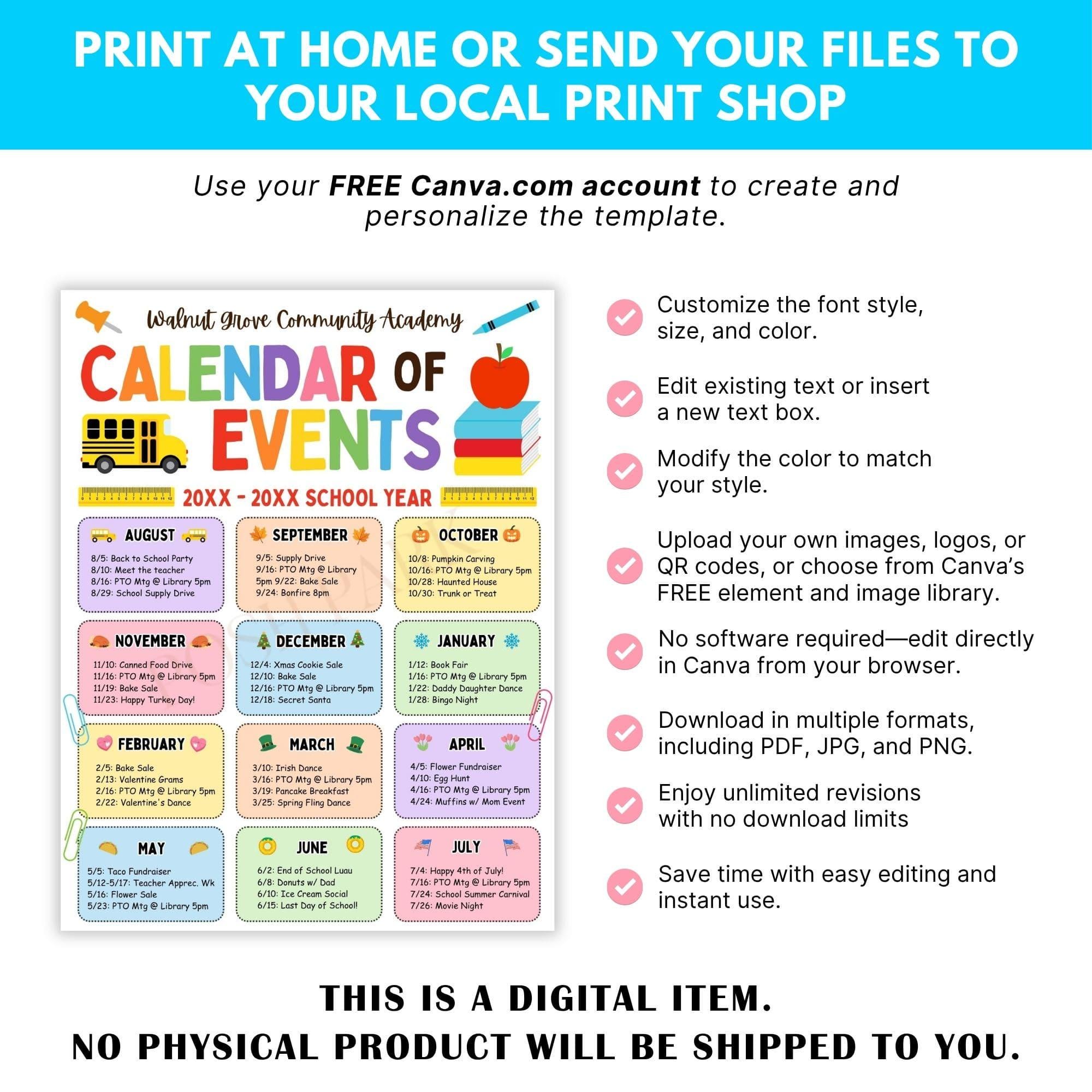 Editable PTA Calendar of Events Flyer Template | PTO Monthly Event ...