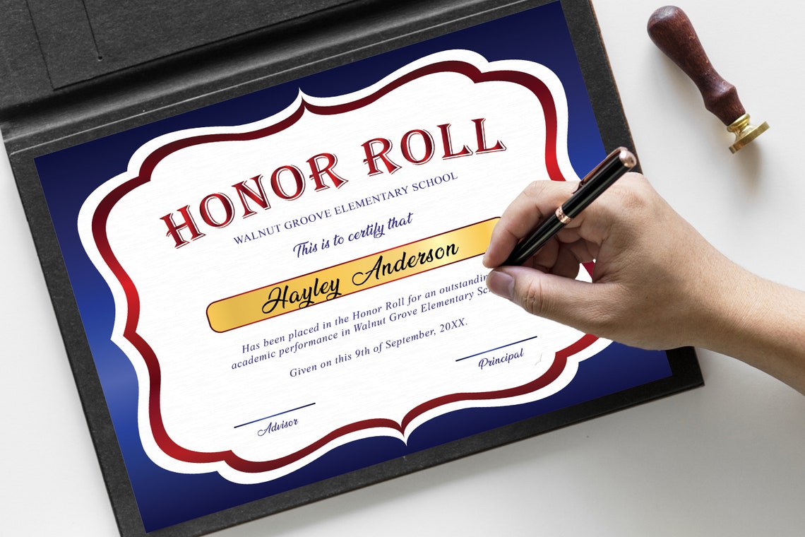 School Award Certificate Template, DIY Honor Roll Award, Red and Blue ...