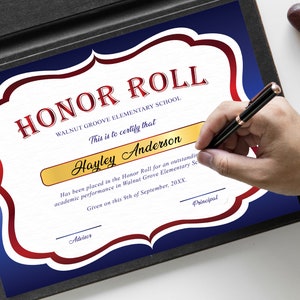 School Award Certificate Template, DIY Honor Roll Award, Red and Blue ...