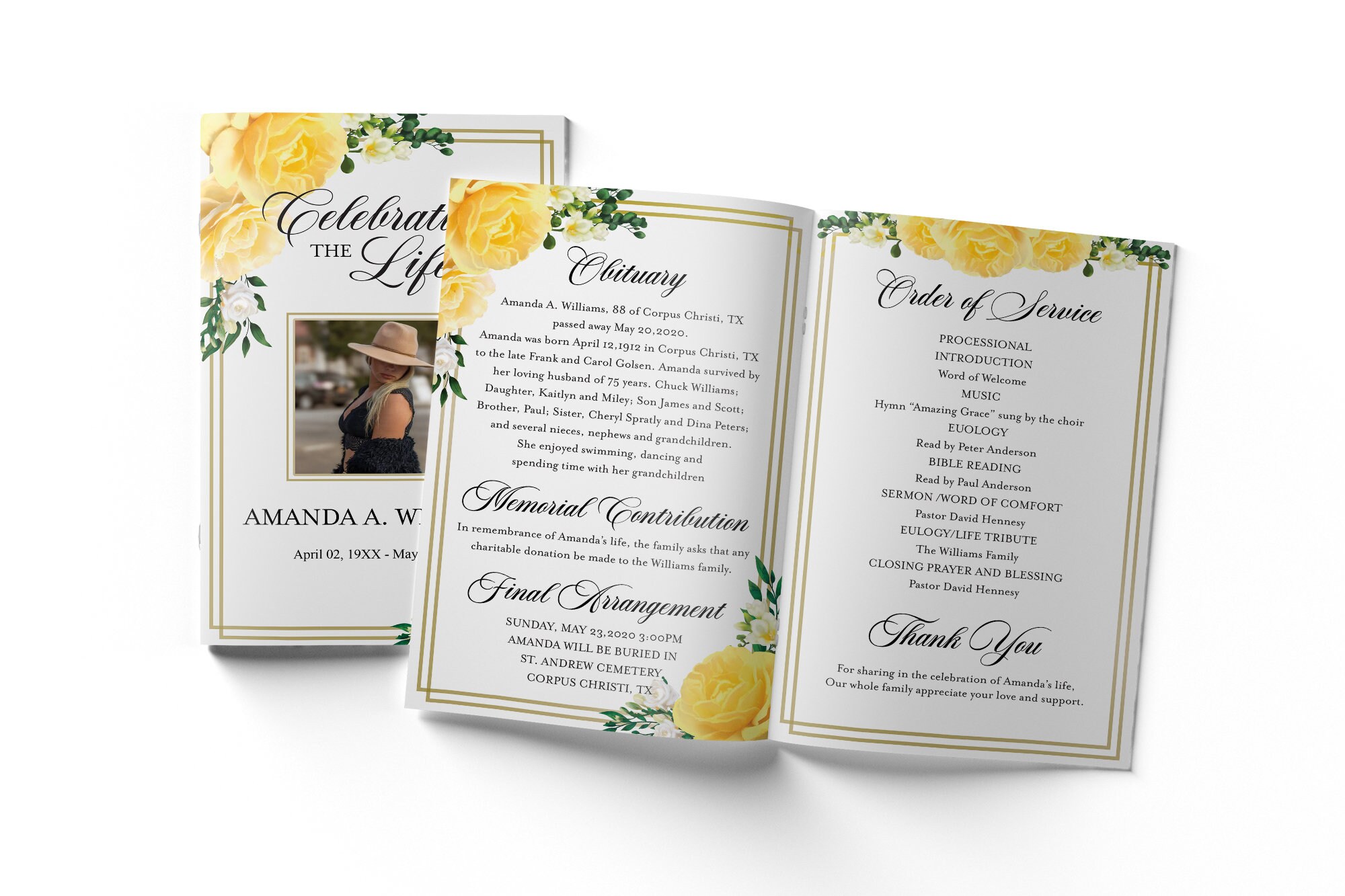 4 Page Editable Yellow Rose Funeral Program Template, Obituary Template ...