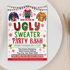 Ugly Sweater Party Flyer Template, Editable Ugly Sweater Holiday Party ...