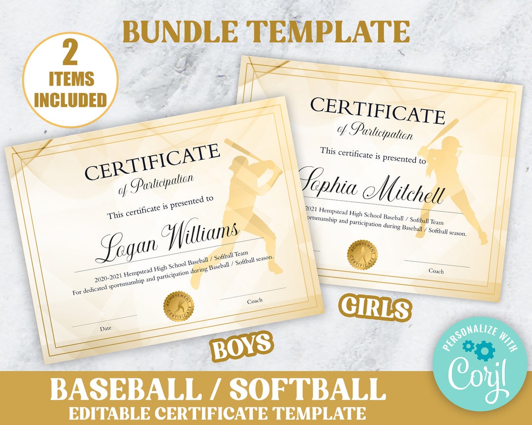 Editable Baseball Certificate Template Bundle for Boys and Girls ...