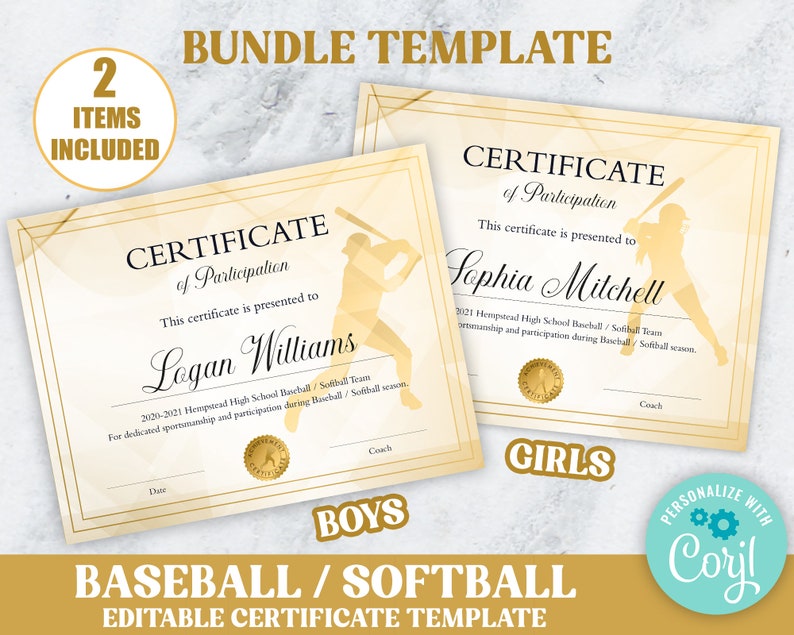 Editable Baseball Certificate Template Bundle for Boys and Girls ...