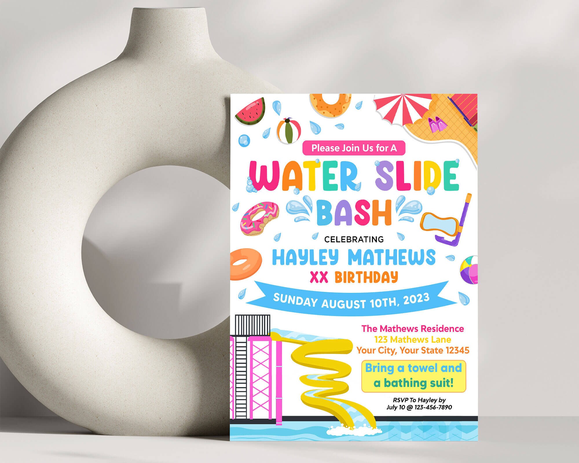 Editable Water Slide Bash Invitation Girl, Summer Party Invite, Summer ...