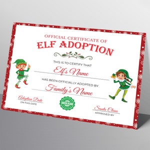 Elf Certificate of Adoption, Editable Elf Theme Stocking Stuffer - Etsy