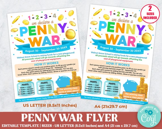 Editable Penny War Fundraiser Flyer, Church Nonprofit PTO PTA Event ...