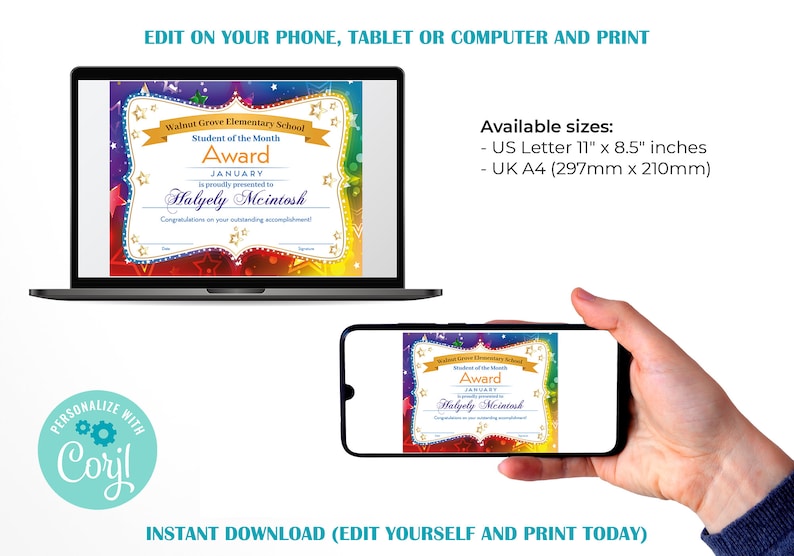 Student of the Month Certificate Template Colorful Student of - Etsy