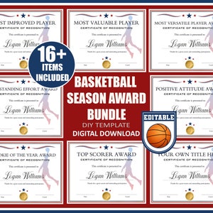 EDITABLE End of Season Basketball Award Certificates, Red White Blue 16 ...