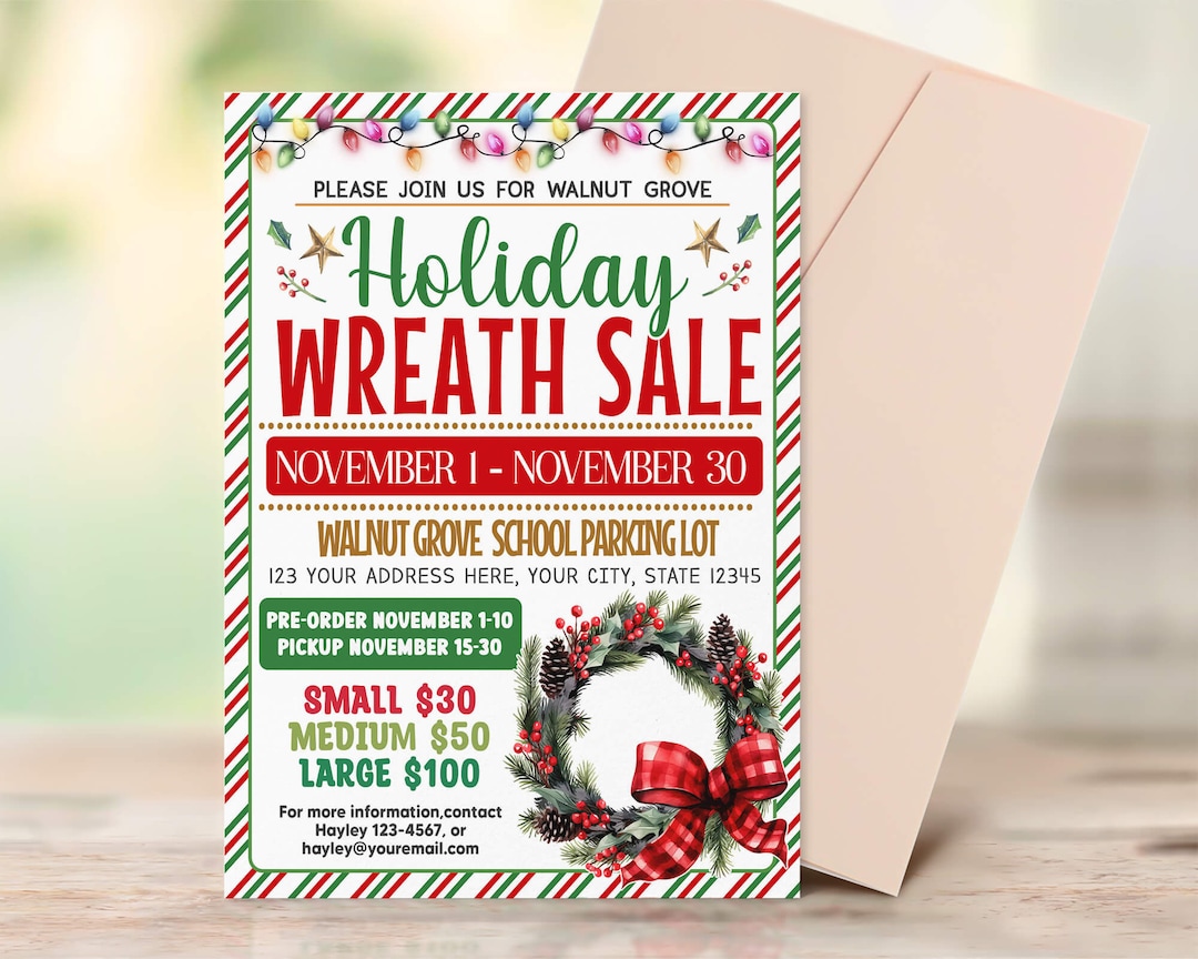 Editable Holiday Wreath Sale Flyer, Holiday Sale Template, Wreath Sale ...