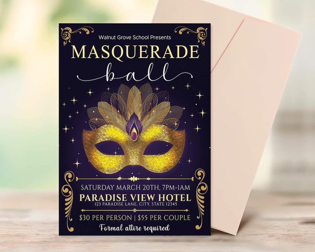 Masquerade Ball Invitation Template, Editable Masquerade Prom Flyer ...
