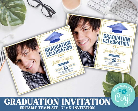 Graduation Invitation Photo Invite Blue and Beige, Editable Graduation ...