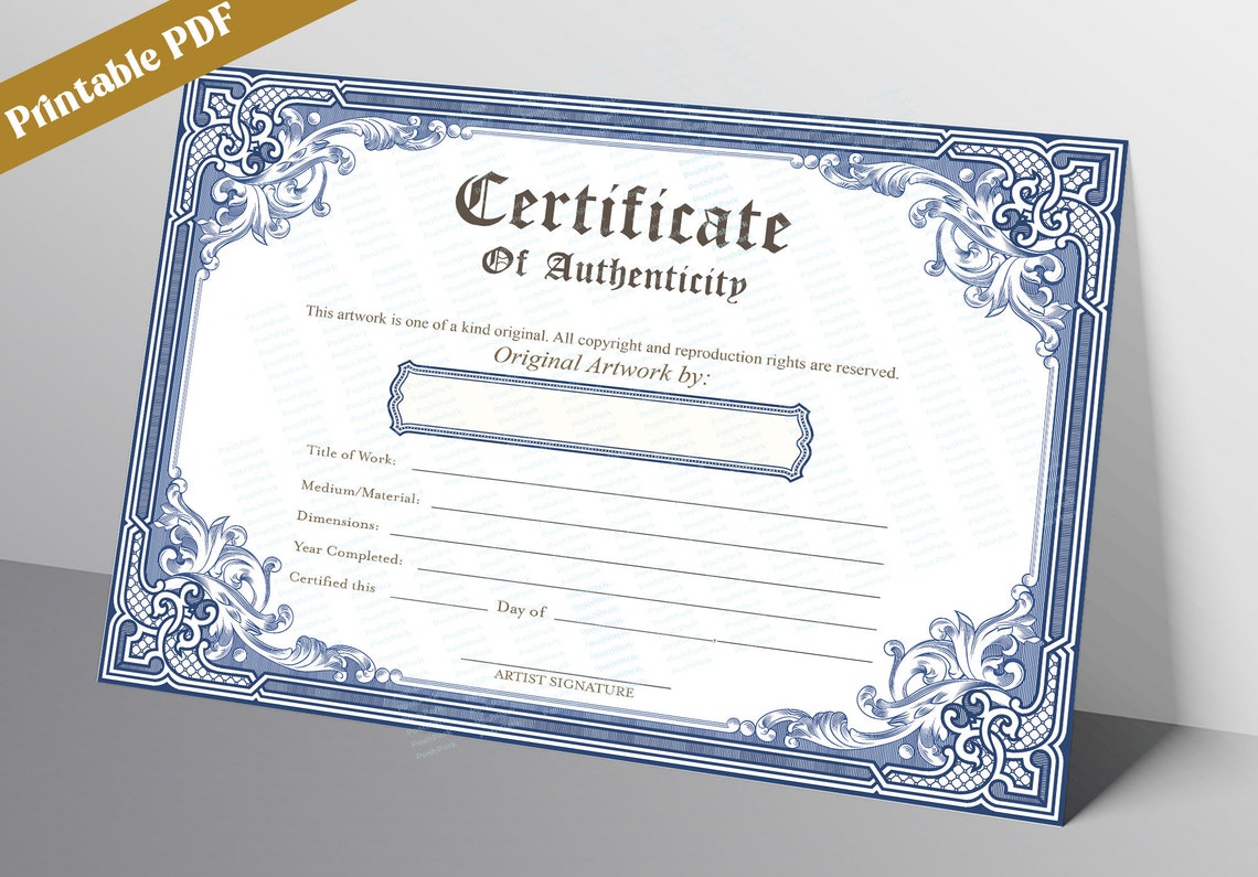 Printable Blank PDF Certificate of Authenticity for Artwork - Etsy