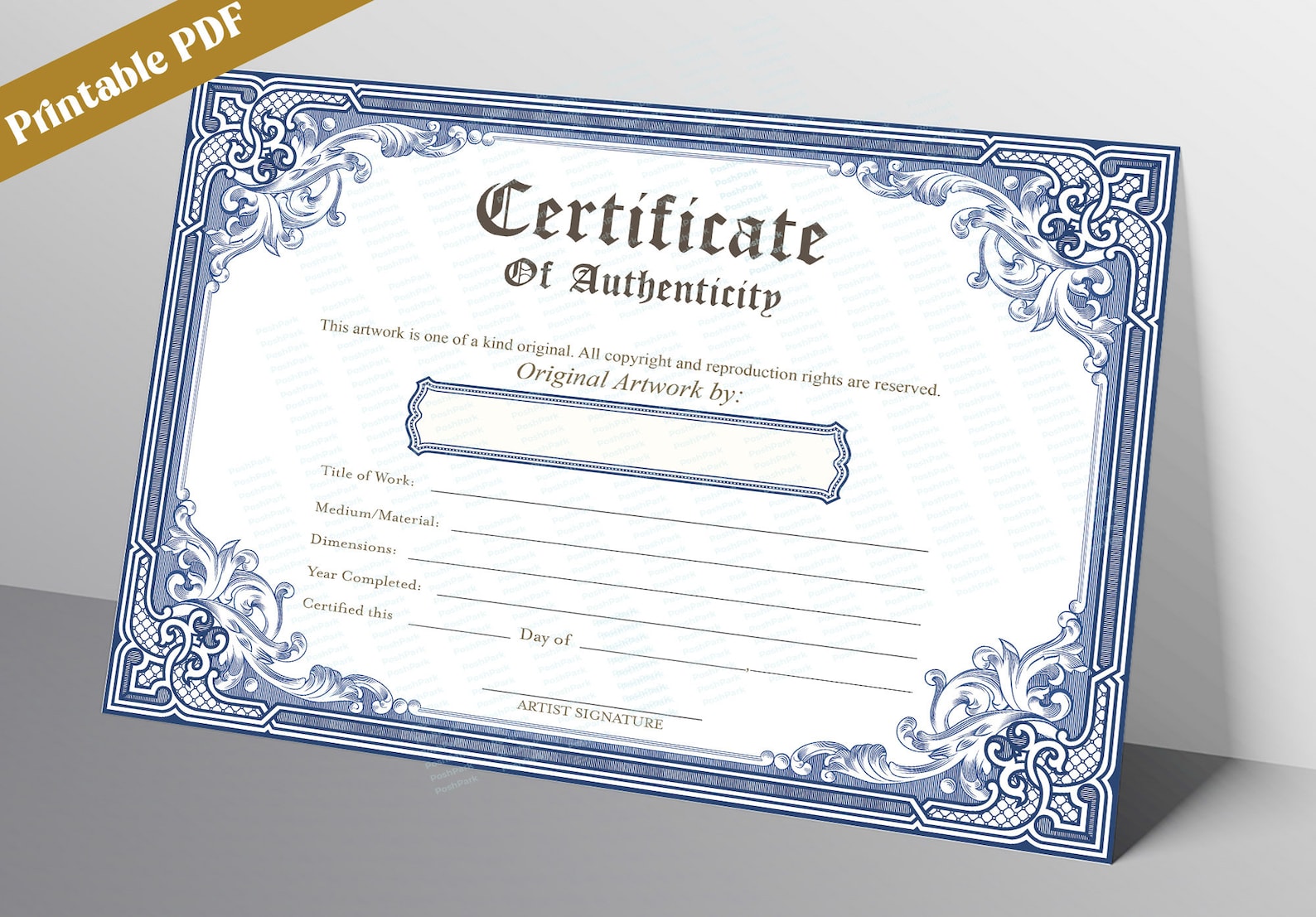 Printable Blank PDF Certificate of Authenticity for Artwork Bundle ...