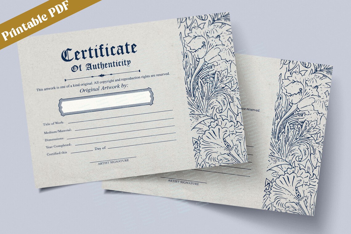Printable Blank PDF Certificate of Authenticity for Artwork - Etsy