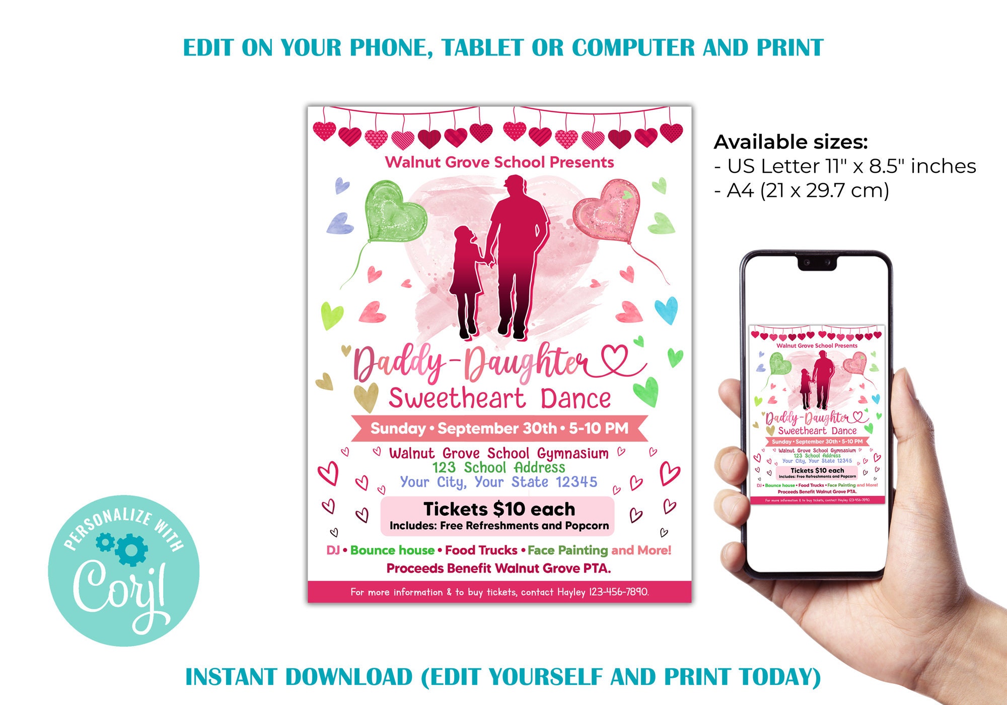 Editable Daddy Daughter Dance Flyer, PTO PTA School Flyer, Father and ...