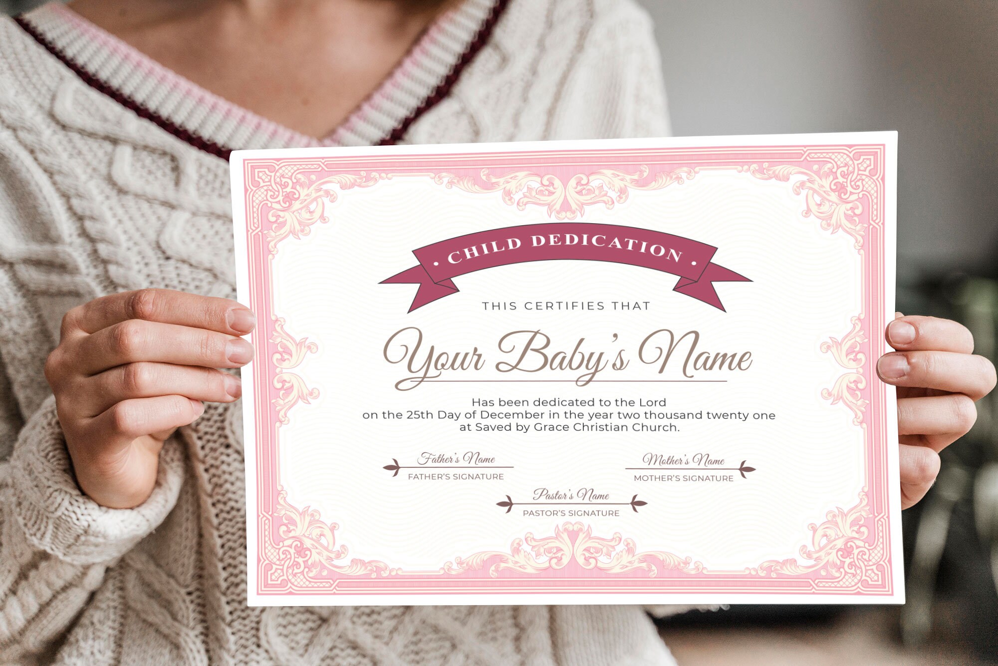 EDITABLE Pink Baby Dedication Certificate Template Girl Baby - Etsy
