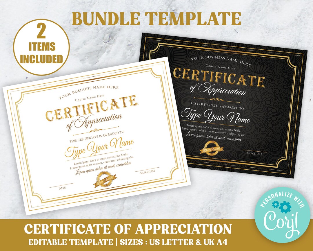 DIY Certificate of Appreciation Bundle, Gold and Black Custom Award ...