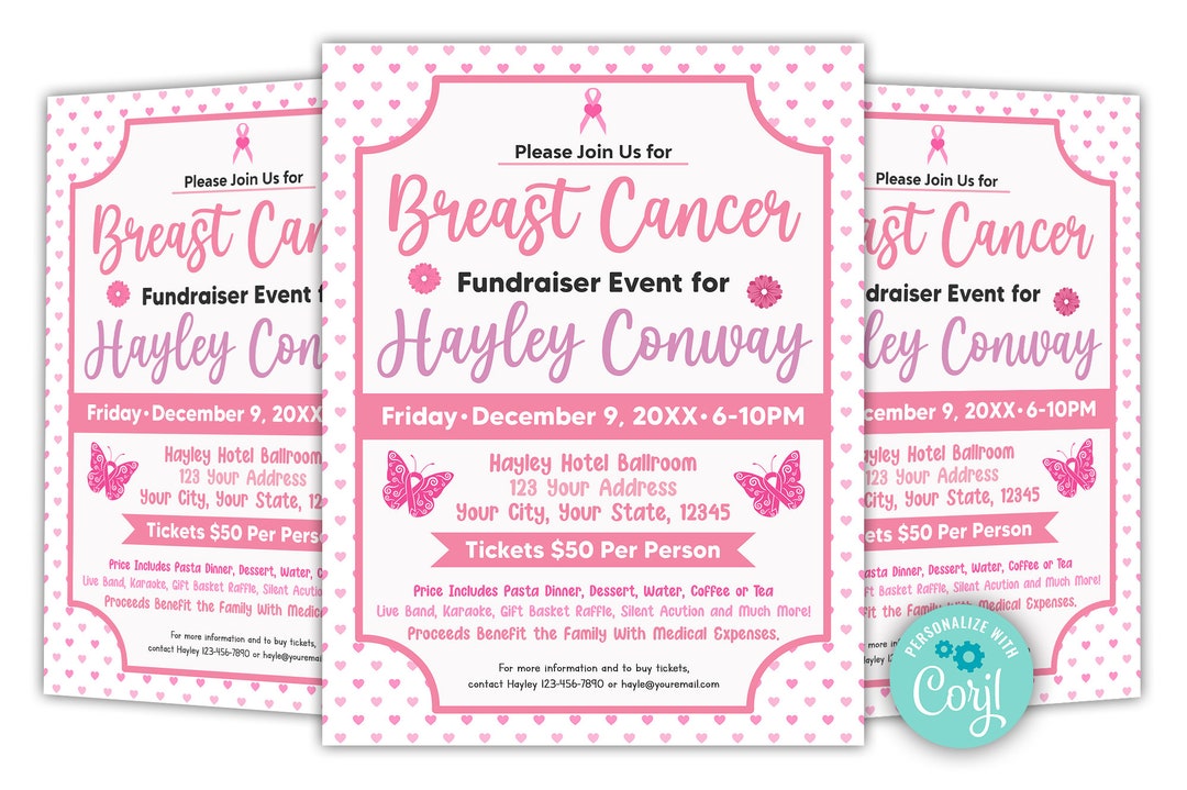 Editable Breast Cancer Fundraiser Flyer, DIY Pink Cancer Benefit Flyer ...