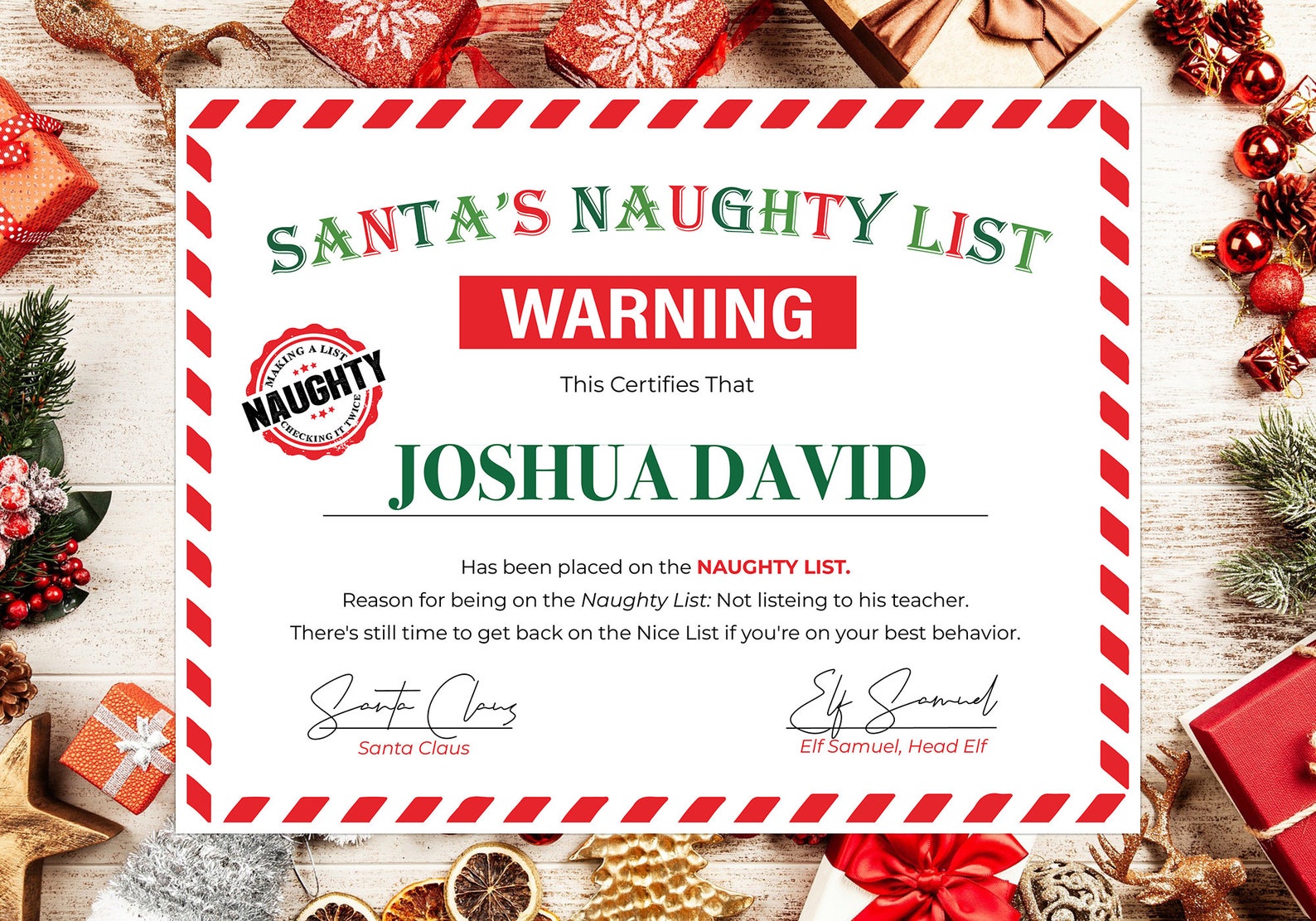 Editable Santa Warning Letter, Printable Santa Naughty List Certificate ...