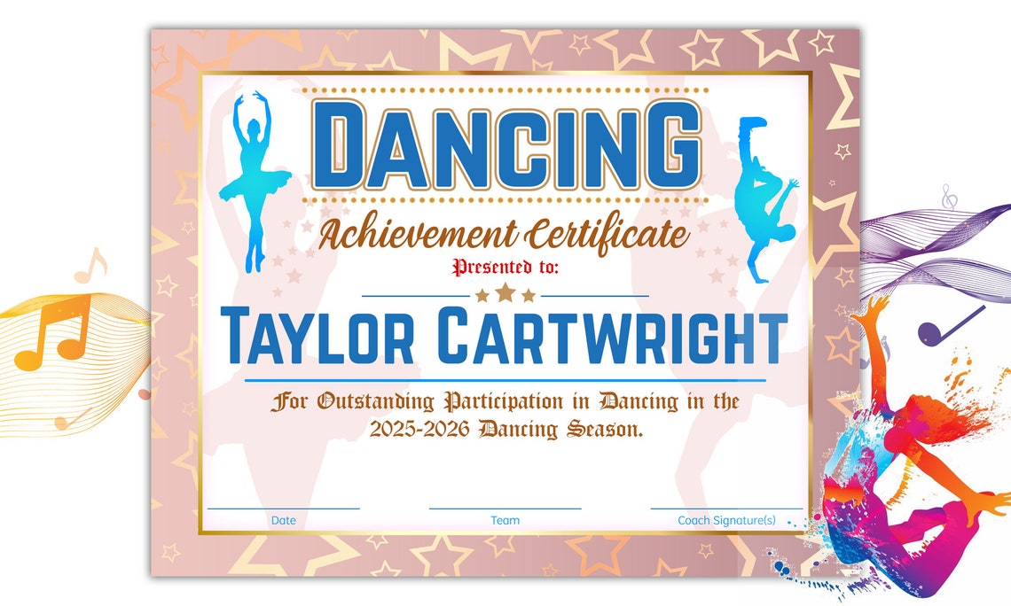 EDITABLE Dancer Certificate Dancing Award Dancer Printable - Etsy