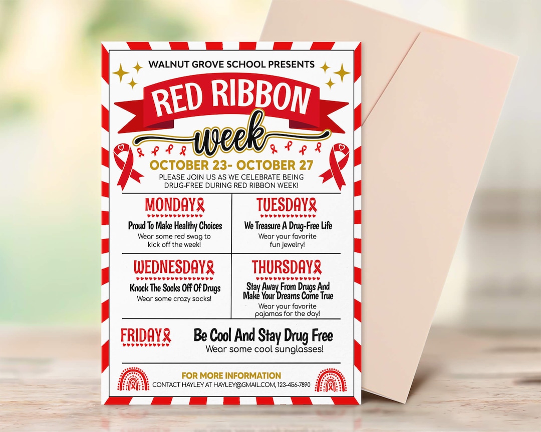 Red Ribbon Spirit Week Template, School Spirit Week Schedule, Red ...