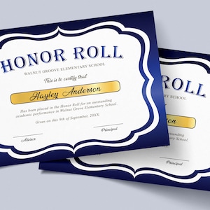 Editable Honor Roll Certificate Template, Royal Blue School Award ...