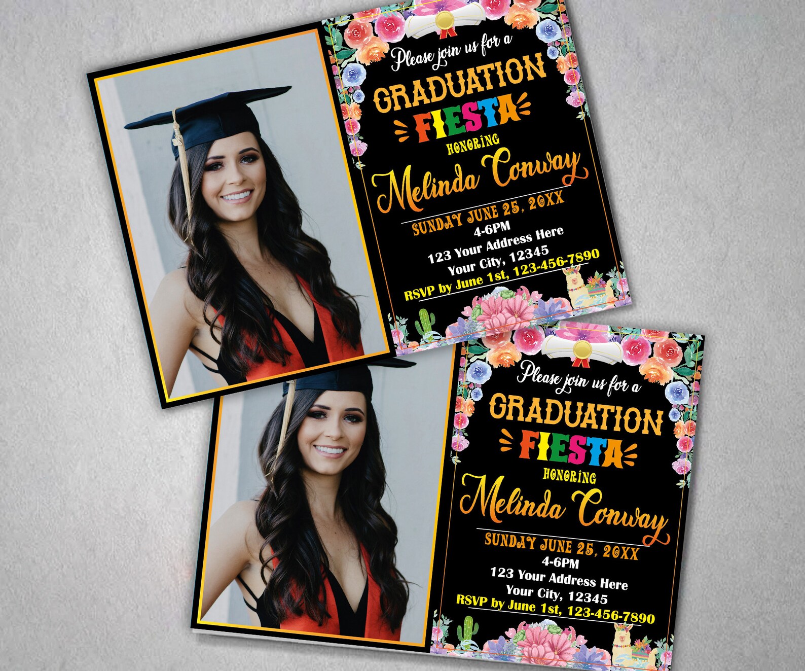 EDITABLE Fiesta Graduation Party Invitations With Photo, Black Floral ...