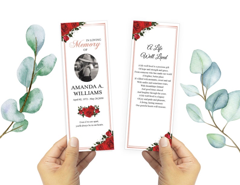 10 Piece Red Rose Funeral Program Template for Woman Bundle | Thank You ...