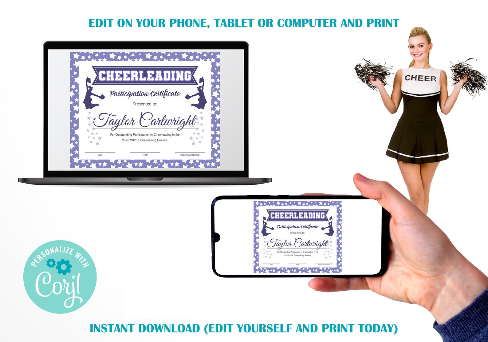 Editable Cheerleader Certificates Bundle, Cheer Team Gifts Purple and ...
