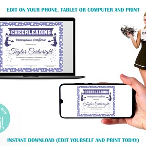 Editable Cheerleader Certificates Bundle, Cheer Team Gifts Purple and ...
