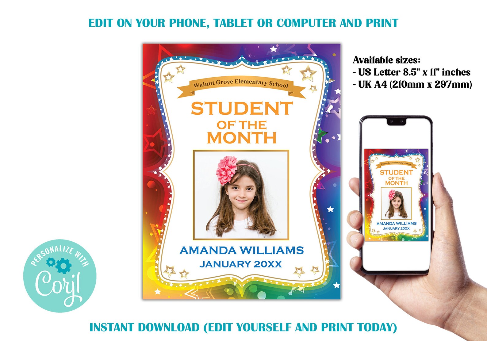 Colorful Student of the Month Certificate With Photo, Editable Student ...