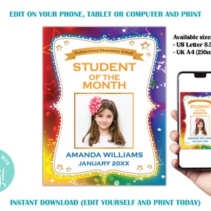 Colorful Student of the Month Certificate With Photo, Editable Student ...