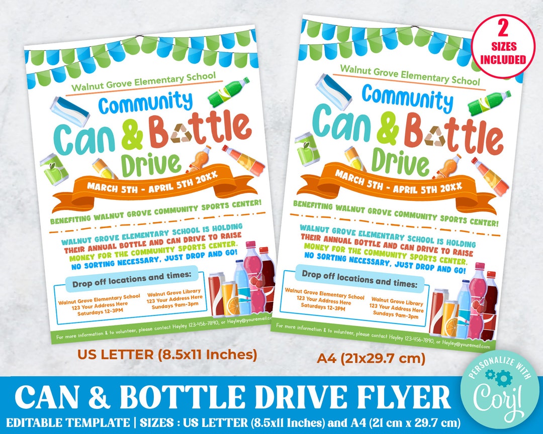 Editable Can and Bottle Drive Fundraiser Flyer, PTO PTA Family School ...