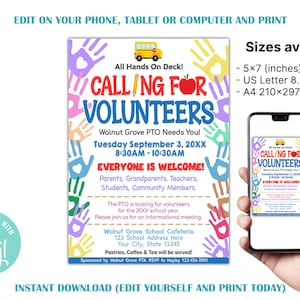 School PTO PTA Volunteer Recruitment Flyer, School Volunteer Flyer ...
