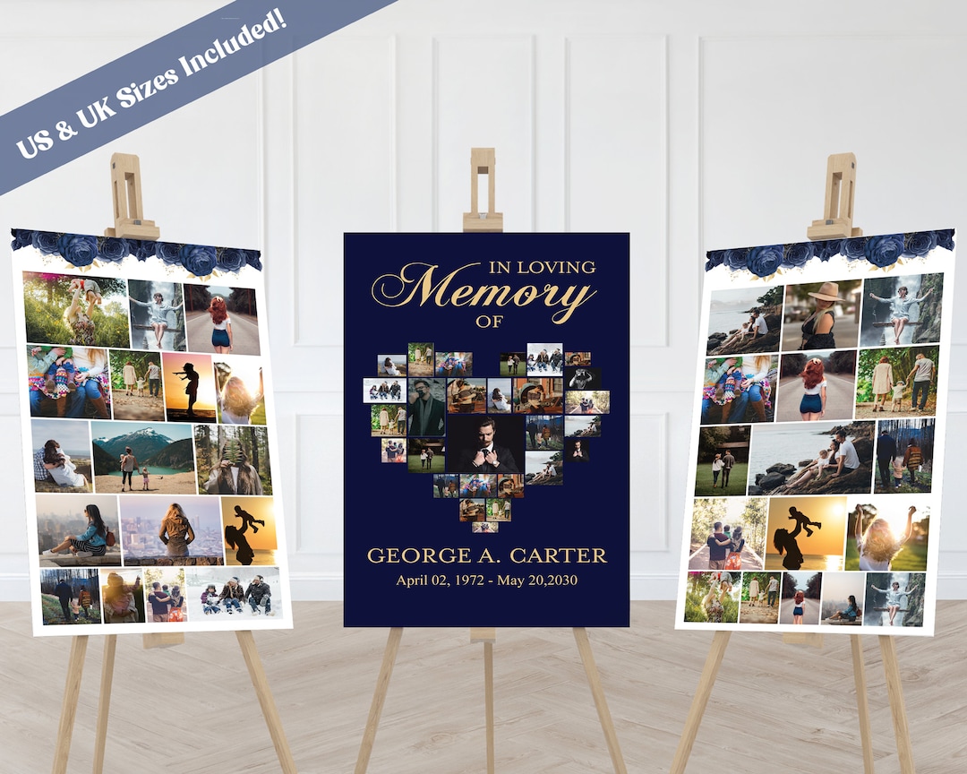 EDITABLE Funeral Poster Photo Display Set, Navy Blue in Loving Memory ...