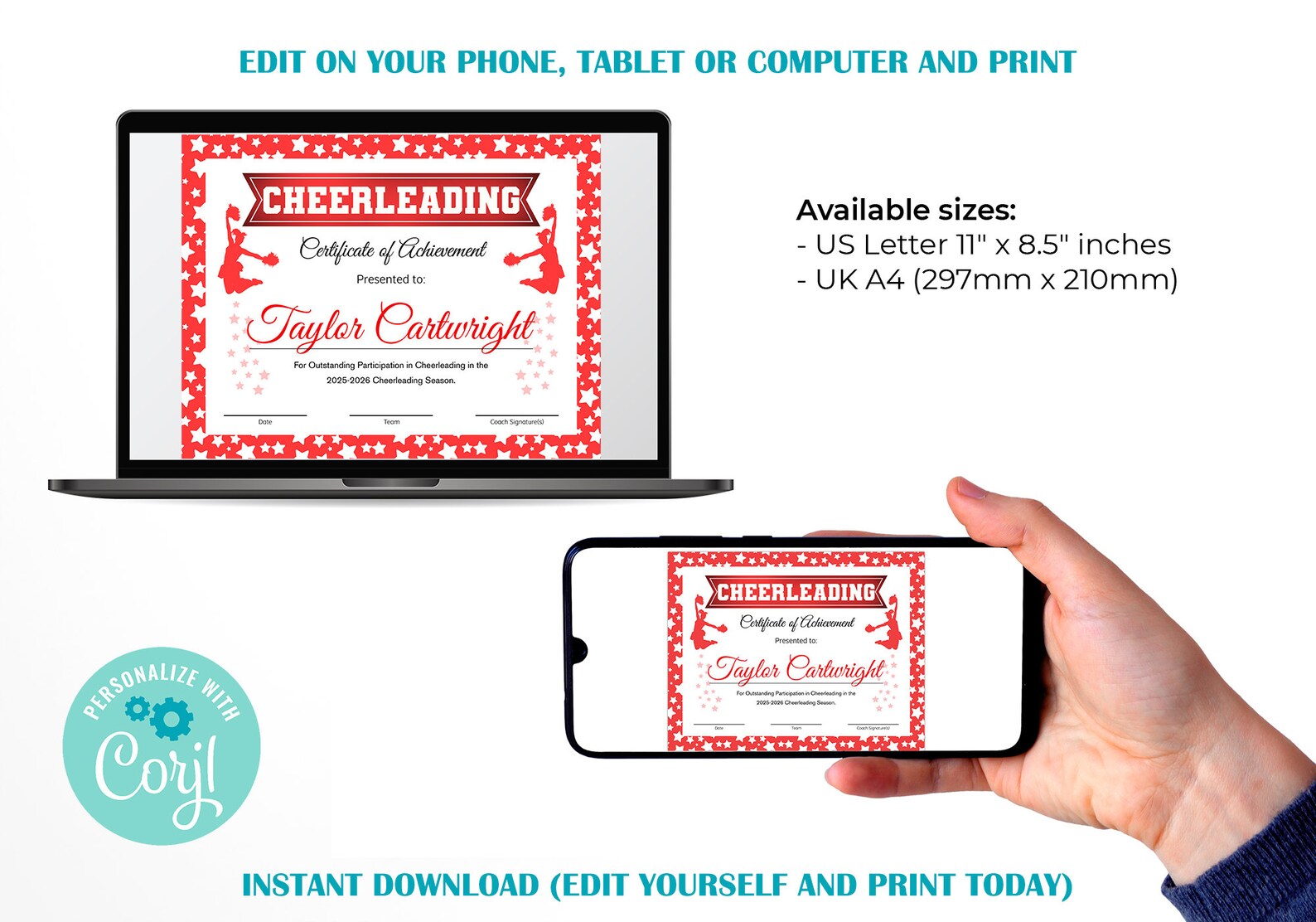 EDITABLE Cheerleader Certificate, Red White Cheer Certificates Sports Award, Cheerleader Award ...