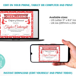 EDITABLE Cheerleader Certificate, Red White Cheer Certificates Sports ...
