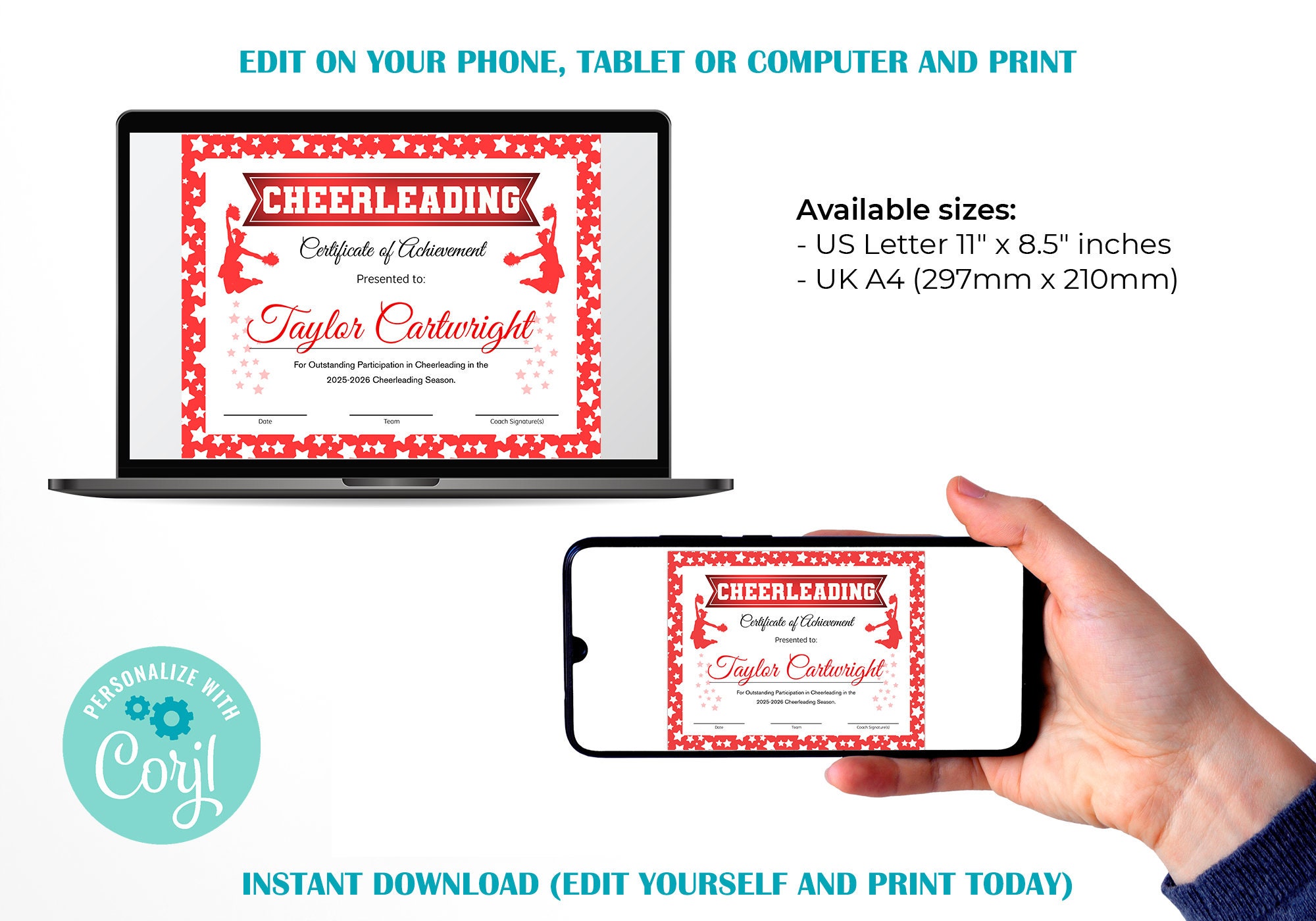 EDITABLE Cheerleader Certificate, Red White Cheer Certificates Sports ...