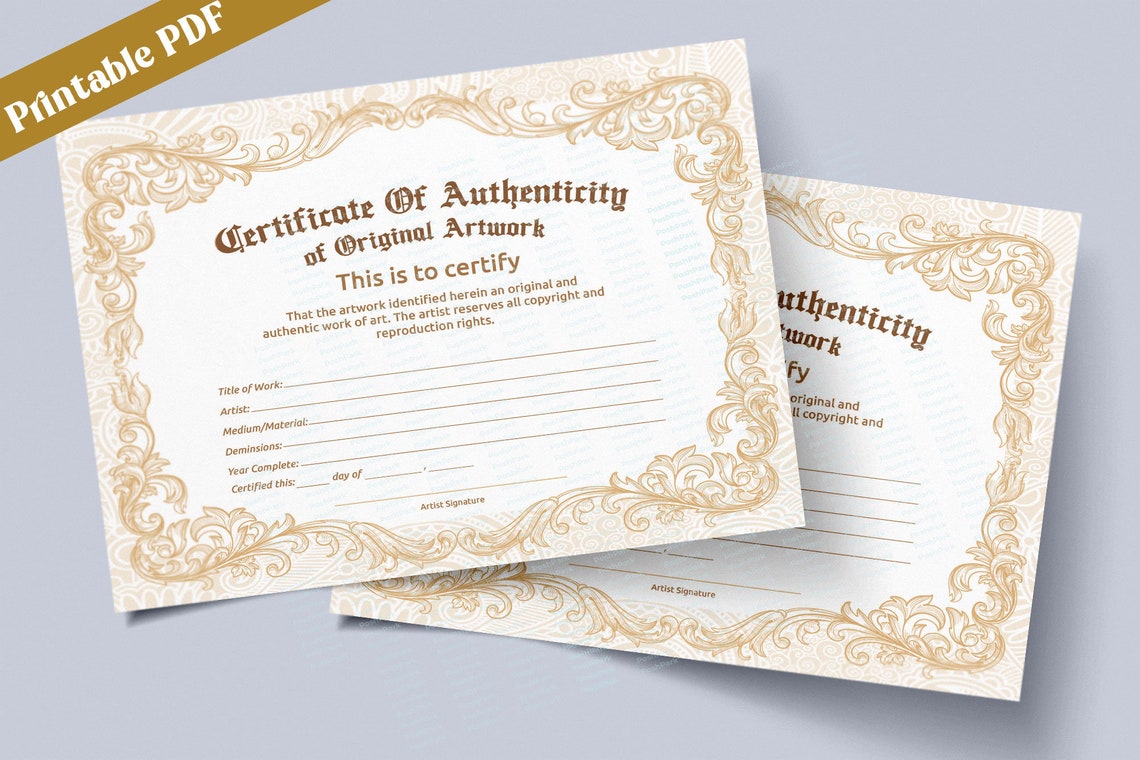 Printable Blank PDF Certificate of Authenticity for Artwork - Etsy