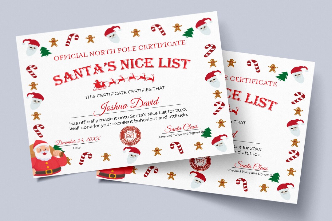 DIY Nice List Certificate From Santa, Red White Christmas Certificate ...