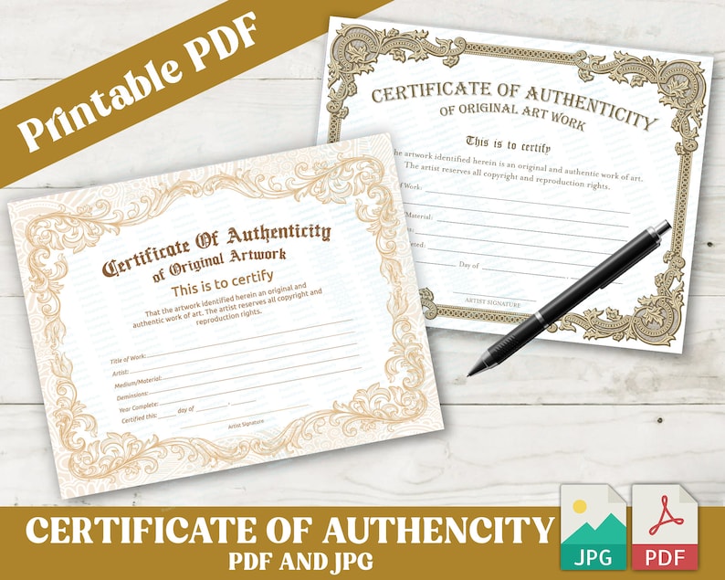 Printable Blank PDF Certificate of Authenticity for Artwork - Etsy