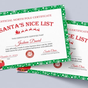 Nice List Certificate Printable, Santa Template, Christmas Nice List ...