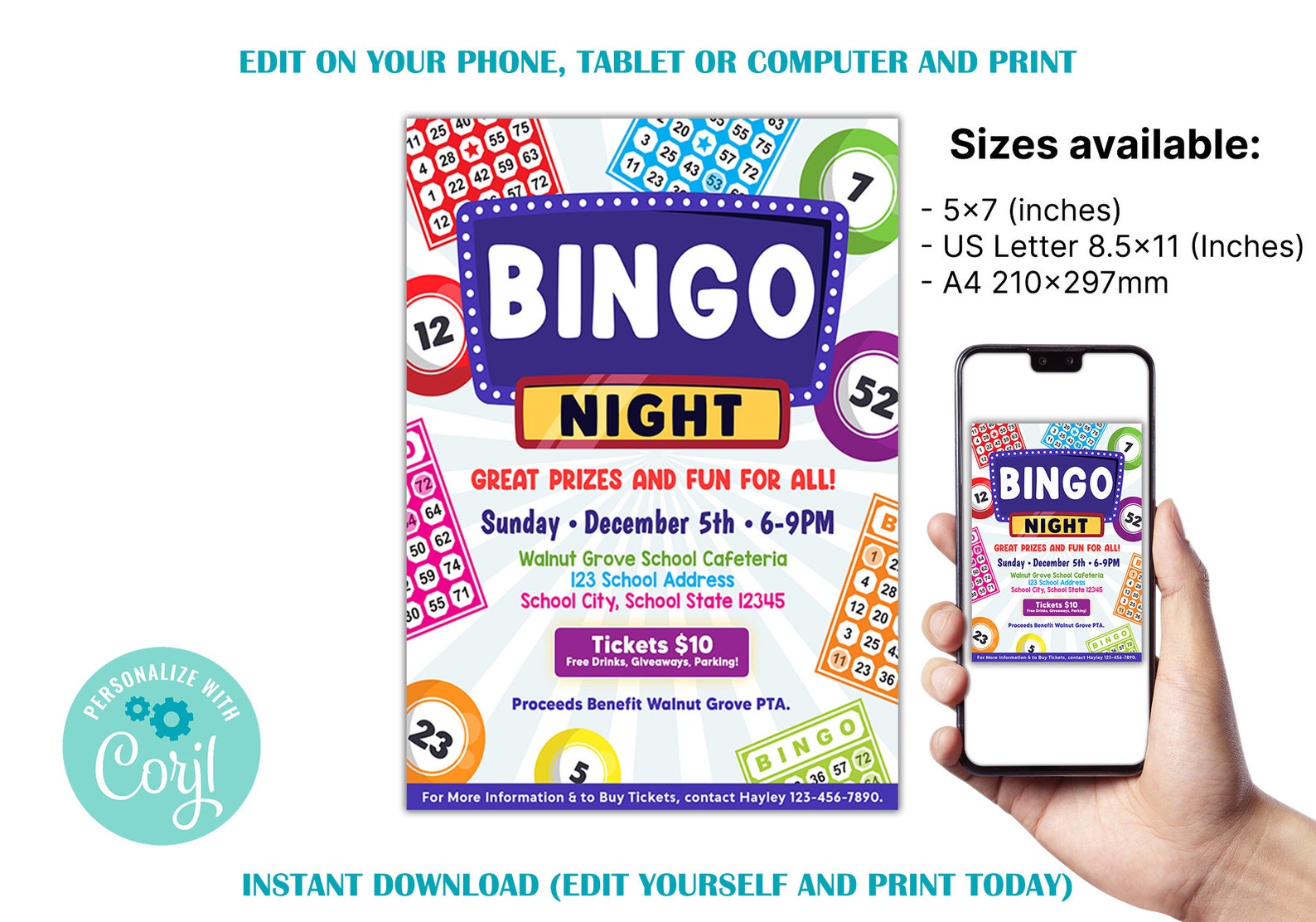 Editable Bingo Night Flyer Template, School Family Fundraiser Event ...