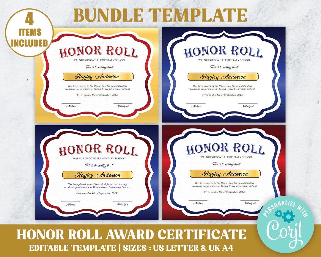 Editable Honor Roll Award Certificate Set of 4, DIY Student Award ...