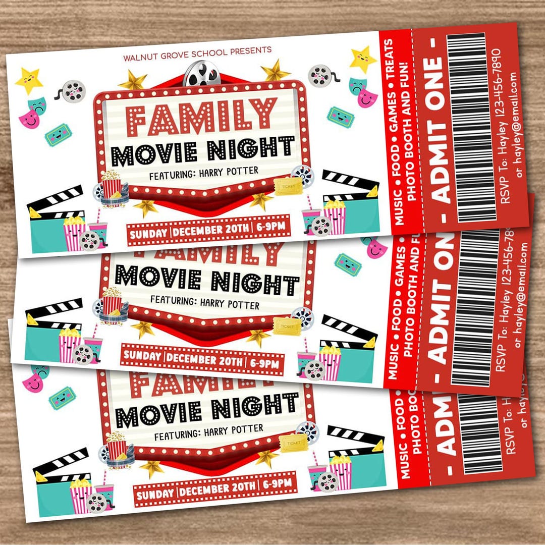 Editable Family Movie Night Ticket Template, School Church Benefit ...