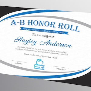 Blue Black AB Honor Roll Certificate, DIY School Award Certificate ...